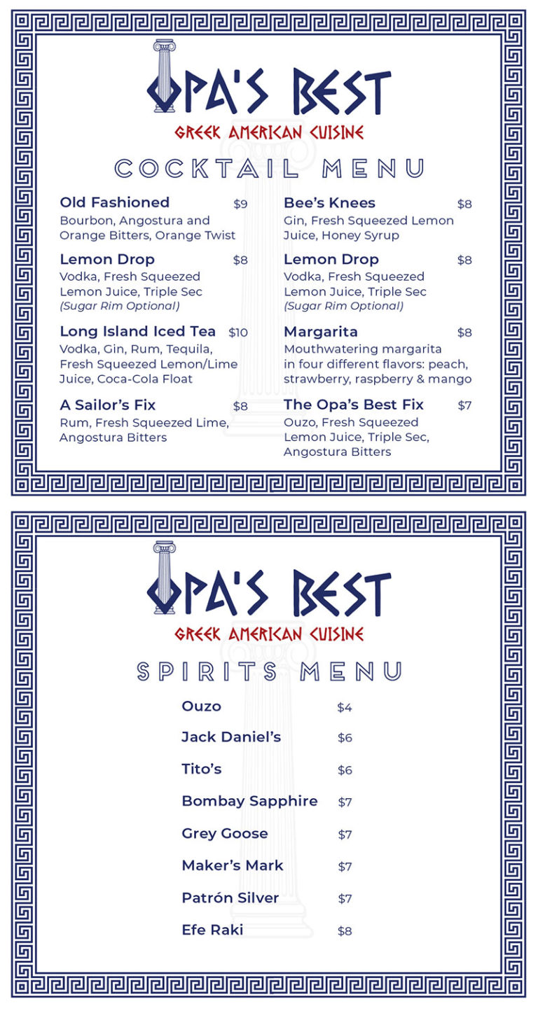 Cocktails & Spirits Menu – Opa's Best